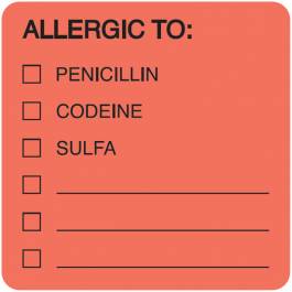 Arden Label MAP4890 Allergic To Penicillin Codeine Sulfa Label