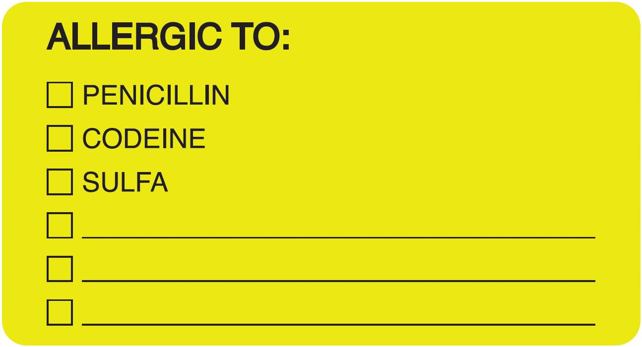 Arden Label MAP1550 Allergic To Penicillin Codeine Sulfa Labels