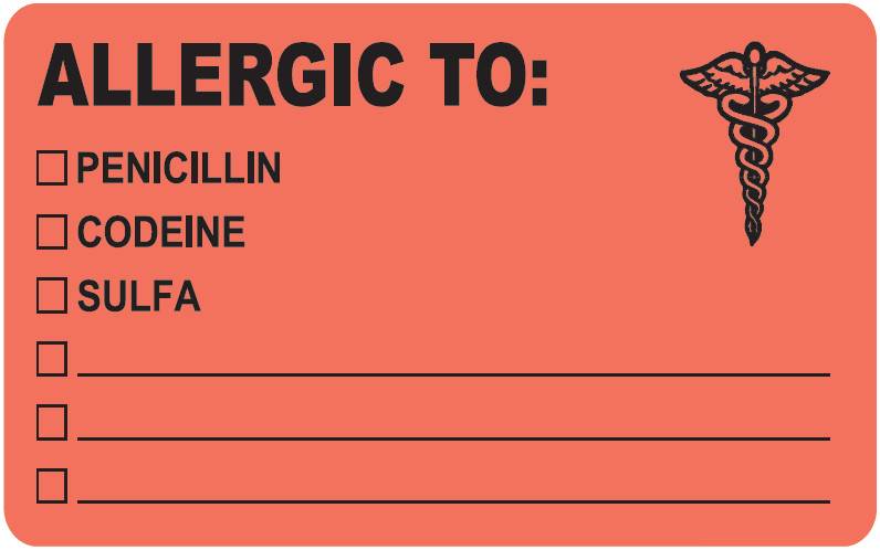 Arden Label MAP488 Allergic To Penicillin Codeine Sulfa Label