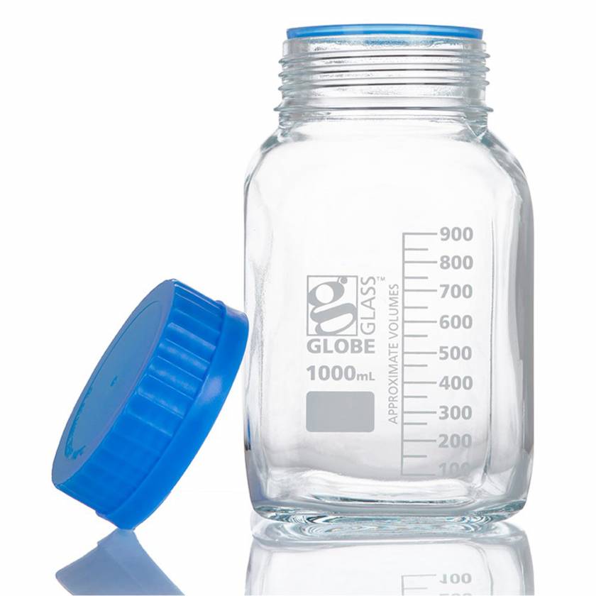 Globe Glass™ Square Wide Mouth Media Bottle, GL80 Screw Cap